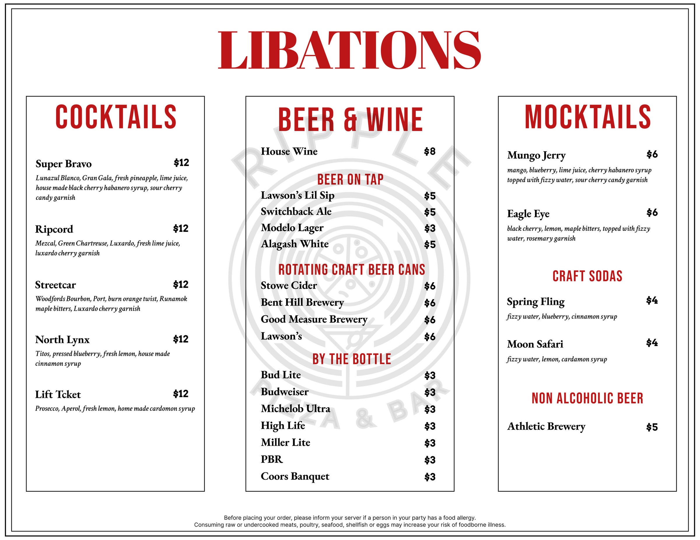 Menu | Pizza & Cocktails at Ripple | Randolph, VT | Ripple